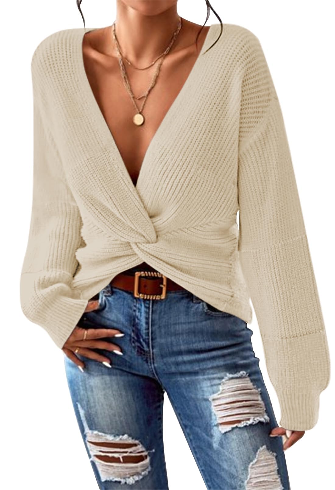 Pink Queen Women's 2024 Casual Pullover Sweaters Sexy V Neck Long ...