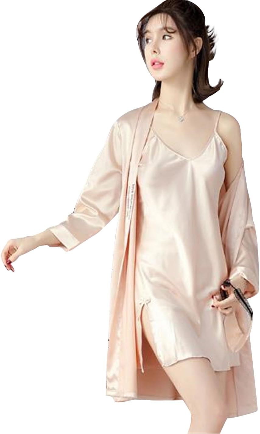 Amazon | [JIANGWEI] 春夏 シルクパジャマ 光沢があり 心地よい 肌さわり 2点セットアップ レディース ルームウェア キャミソール ワンピース カーディガン 部屋着 ...