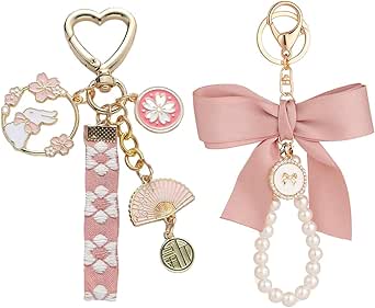 Hiufer Pink Bow Pearl Chain Key Chain, 2PCS Bow Keychain Accessories at ...