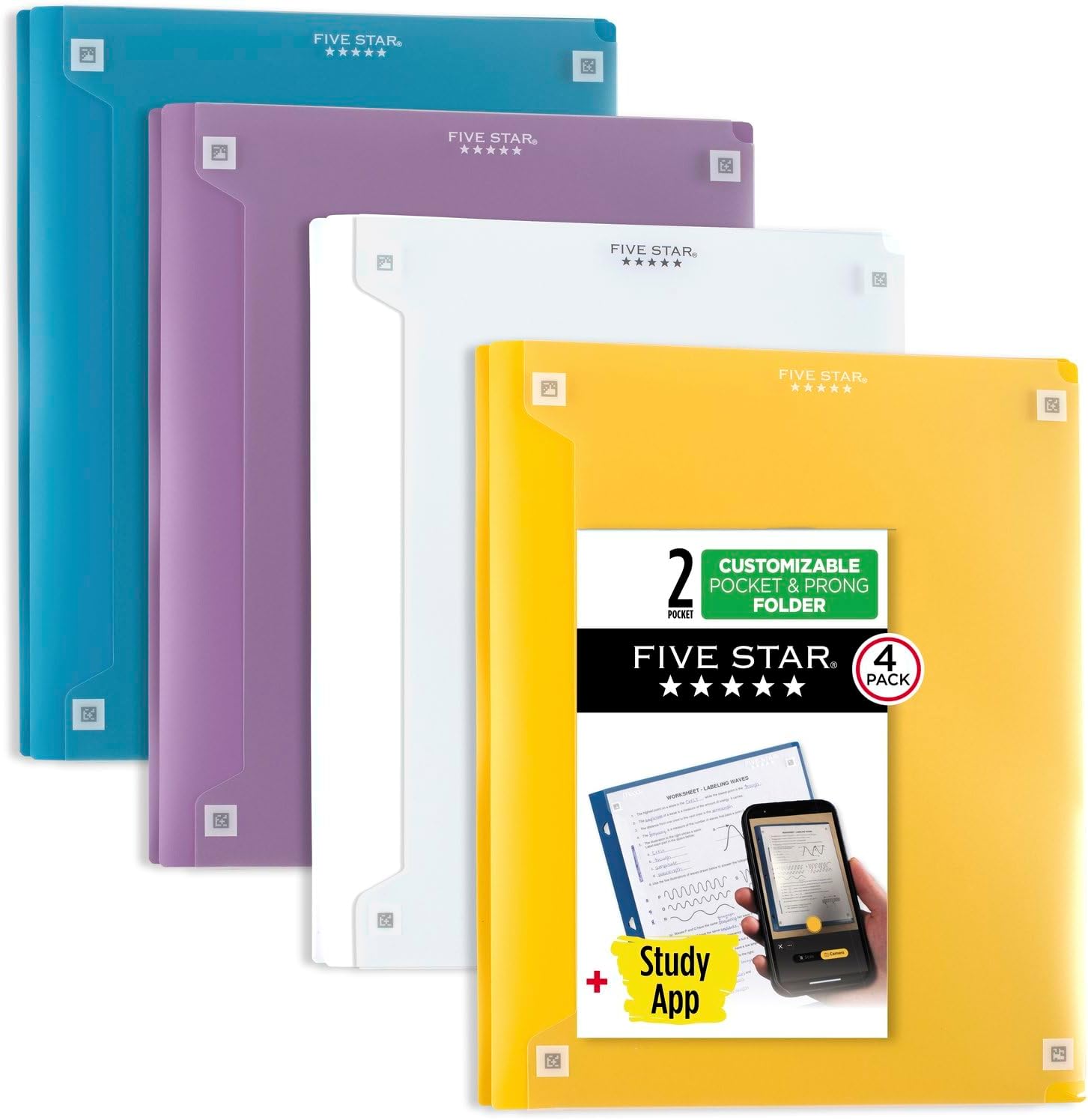Five Star Pocket Folder + Study App, 4 Pack, 2 Pocket Folder with Prong ...
