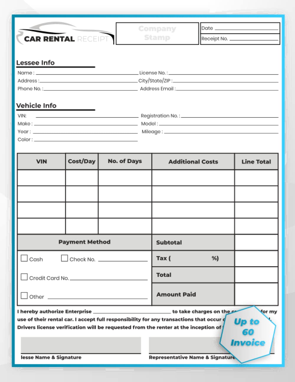 Amazon.com: Vehicle Rental Receipt Book: Perfect for Rental Dealership ...