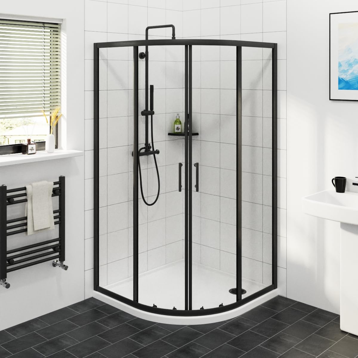 NRG 1000 x 1000mm Matte Black Framed Quadrant Shower Enclosure Sliding ...