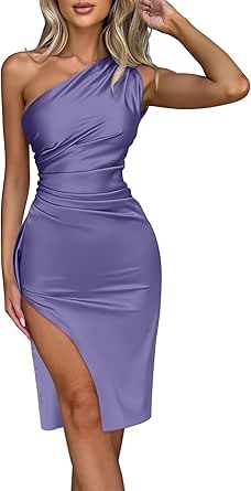 Amazon.com: Memoriesea Women's Sexy One Shoulder Satin High Split Cocktail Party Midi Dress ...
