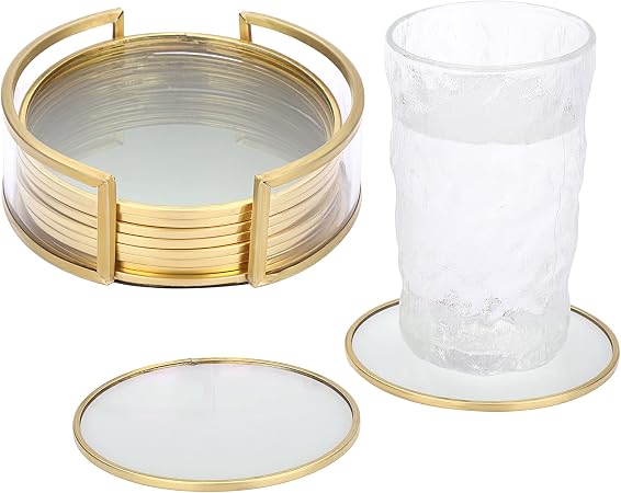 Amazon.com: JUXYES Set of 8 Glass Round Coasters with Holder, Golden ...
