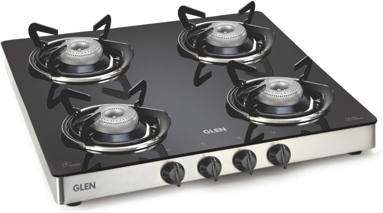 Glen 4 Burner Toughened Glass Top | LPG Gas Stoves | Black | Silver ...
