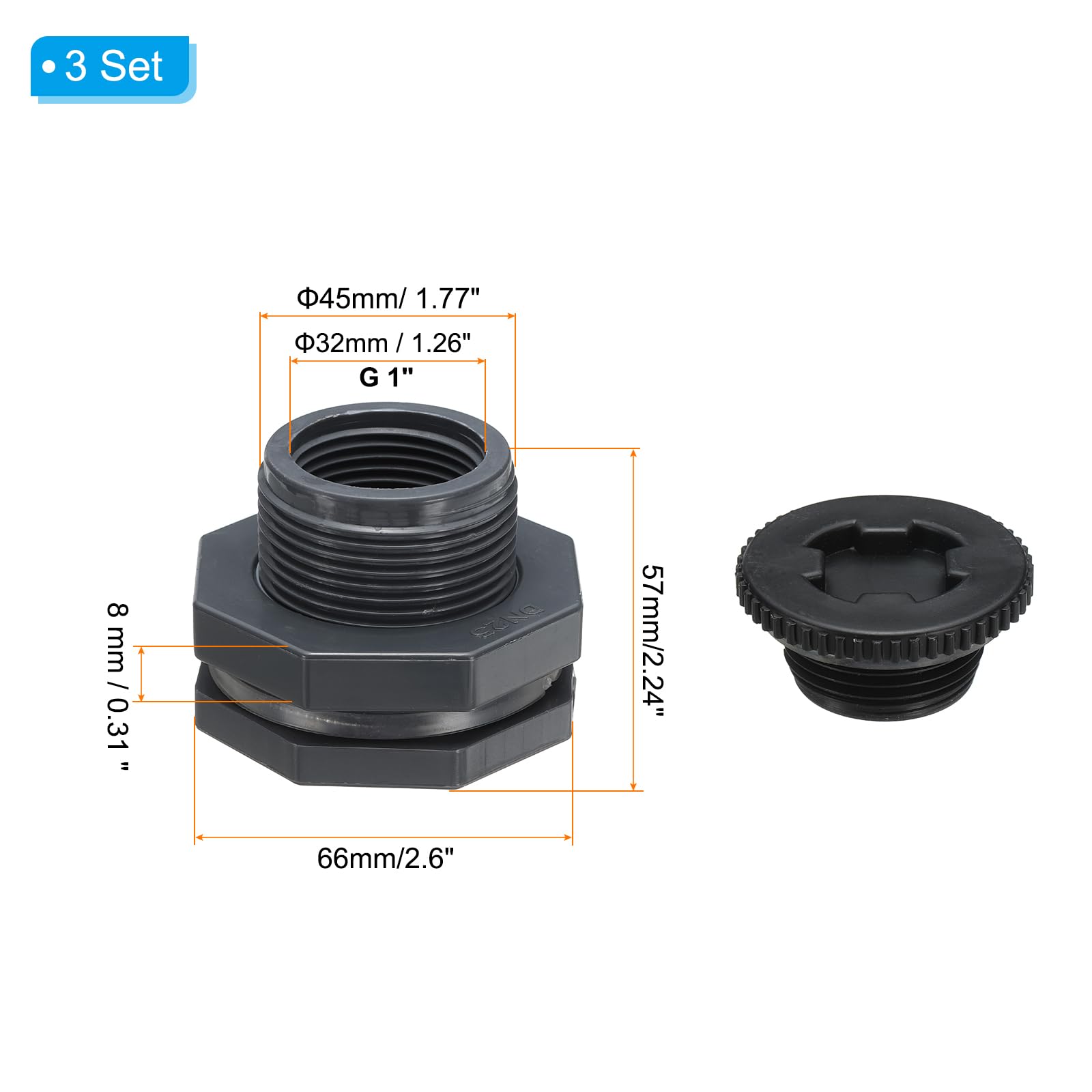 PATIKIL PVC Bulkhead Fitting with Plug G 1, 3 Pcs Double Threaded ...