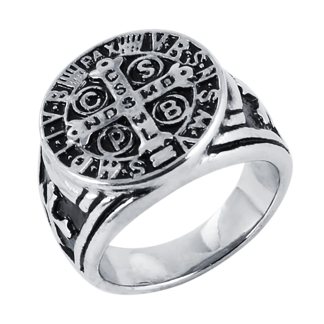 HZMAN Men Women St Benedict Exorcism Ring Silver Stainless Steel ...