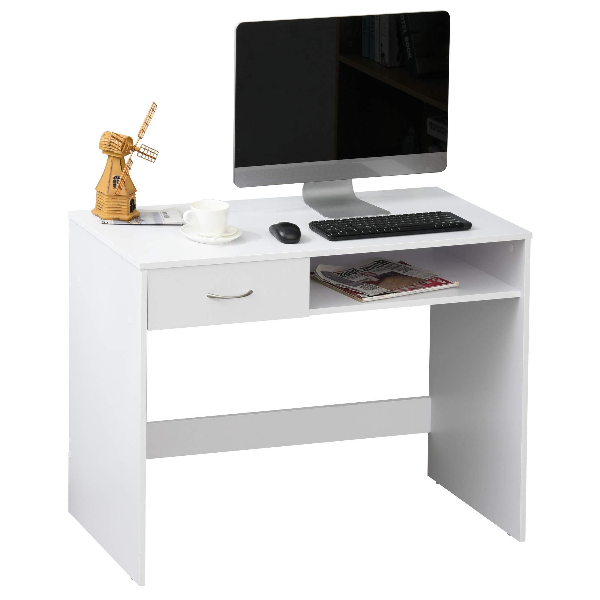 HOMCOM Compact Computer Desk, Study Table with Drawer and Storage ...
