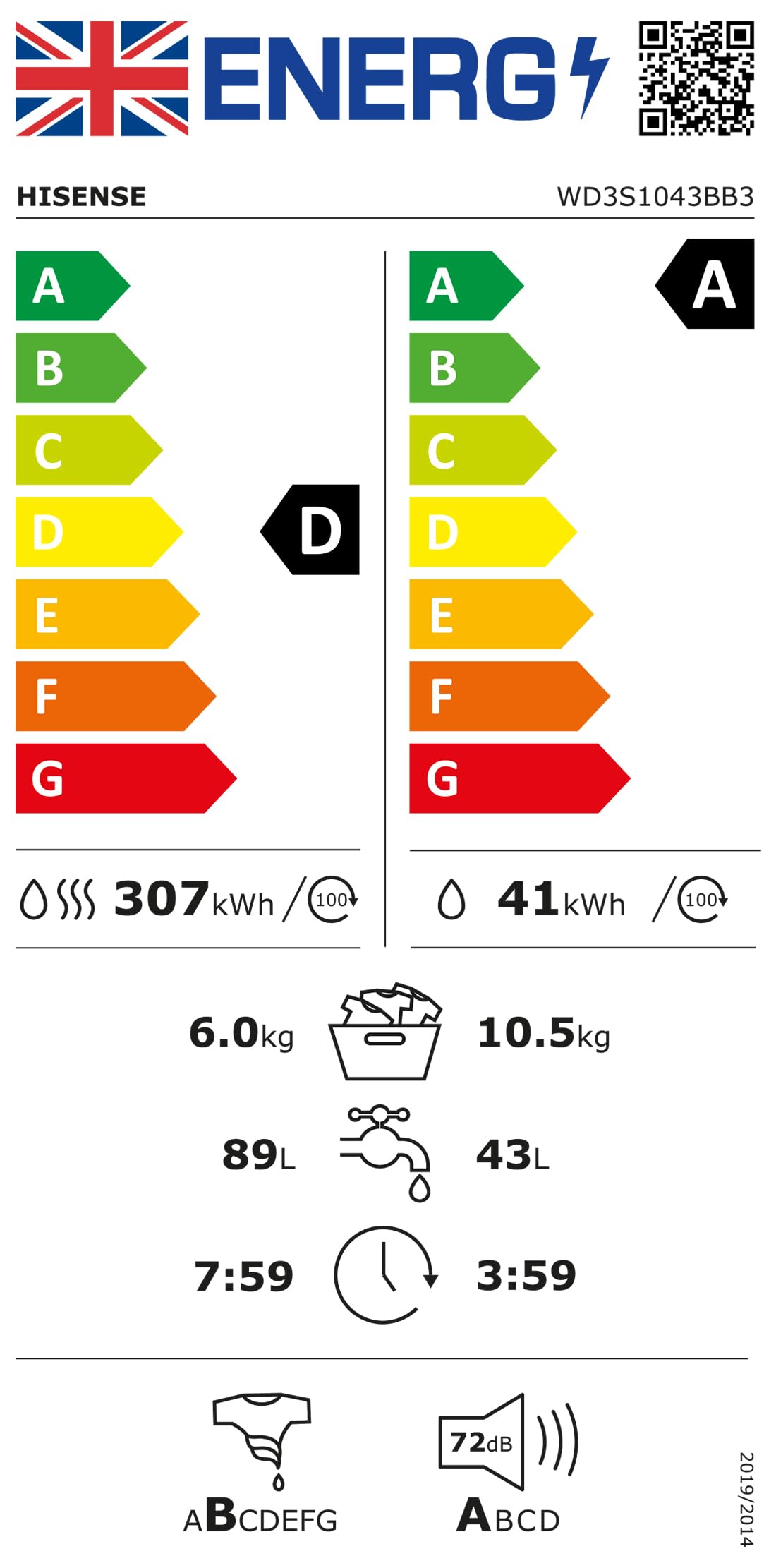 Hisense 3S Series WD3S1043BB3 Wifi Connected 10.5Kg and 6Kg Washer ...