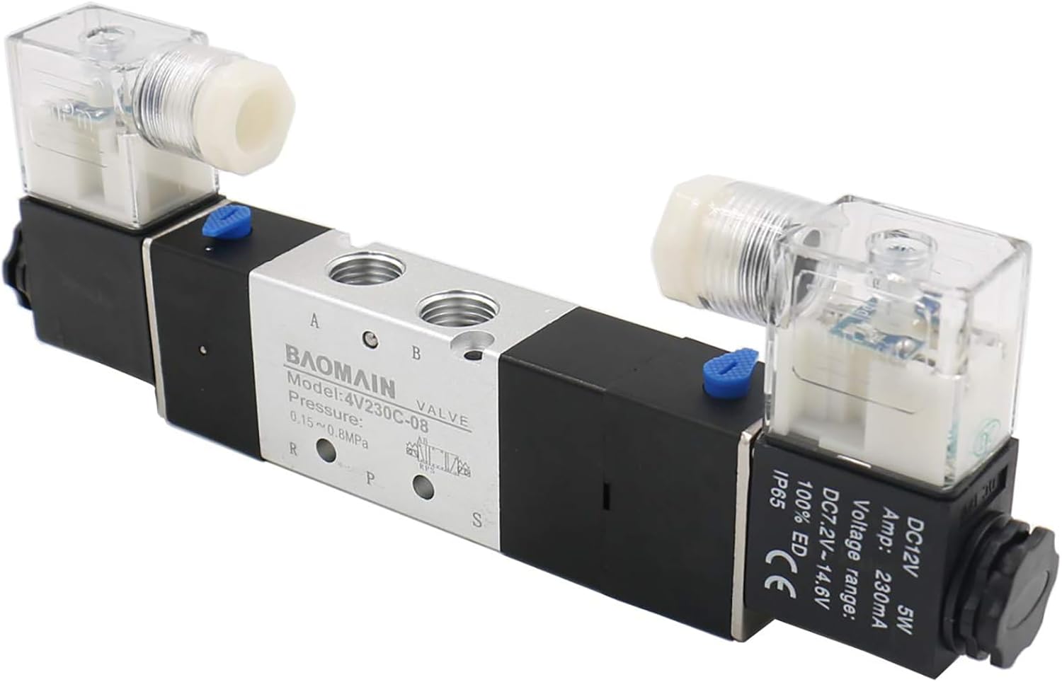 Baomain DC 12V Pneumatic Solenoid Air Valve 4V230C-08, 5 Way 3 Position ...
