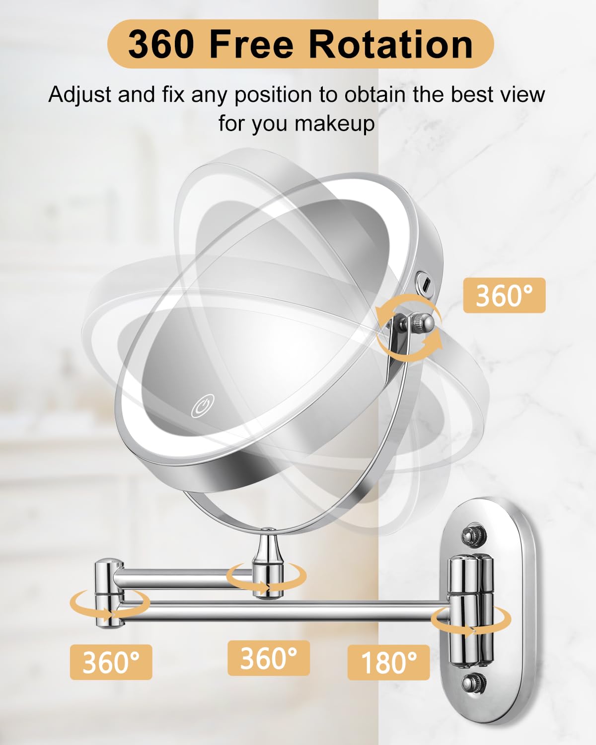 DECLUTTR Rechargeable Wall Mounted Makeup Mirror, 8 Inch 1X/10X ...