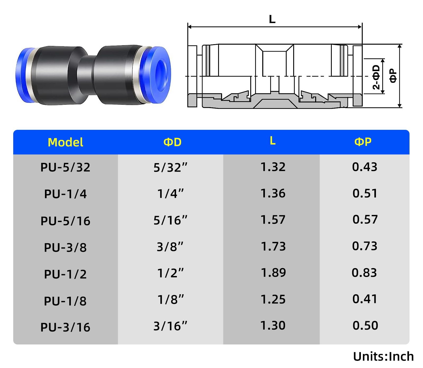 Snapklik.com : TAILONZ PNEUMATIC Blue Straight 3/16 Inch Tube OD Push ...