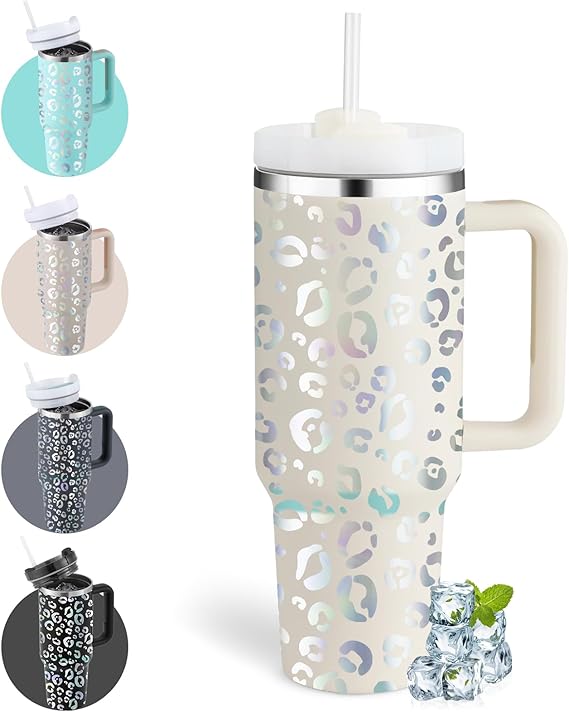 Amazon.com | PIMDIR 40oz Leopard Tumbler with Handle Straw Lid ...