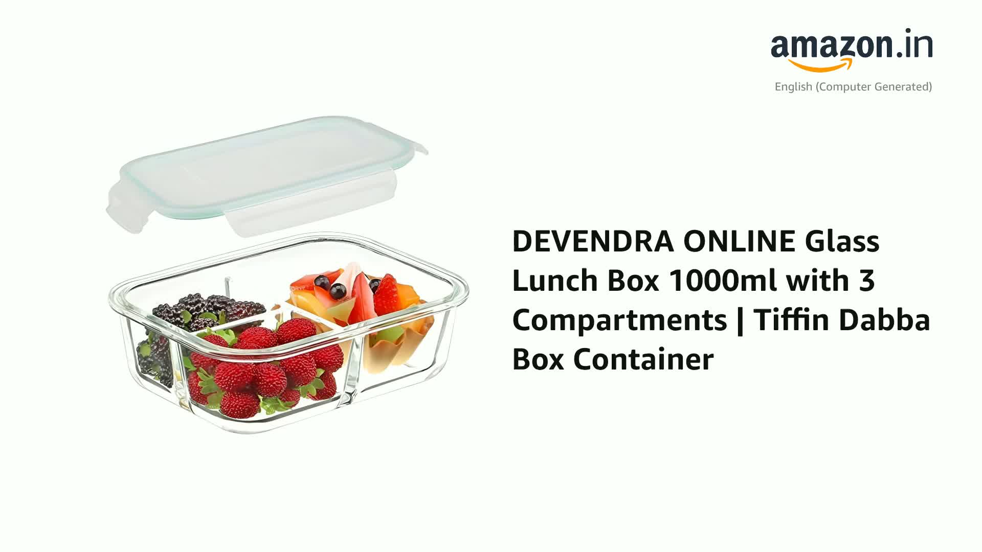 Watch DEVENDRA ONLINE Glass Lunch Box 1000ml with 3 Compartments ...