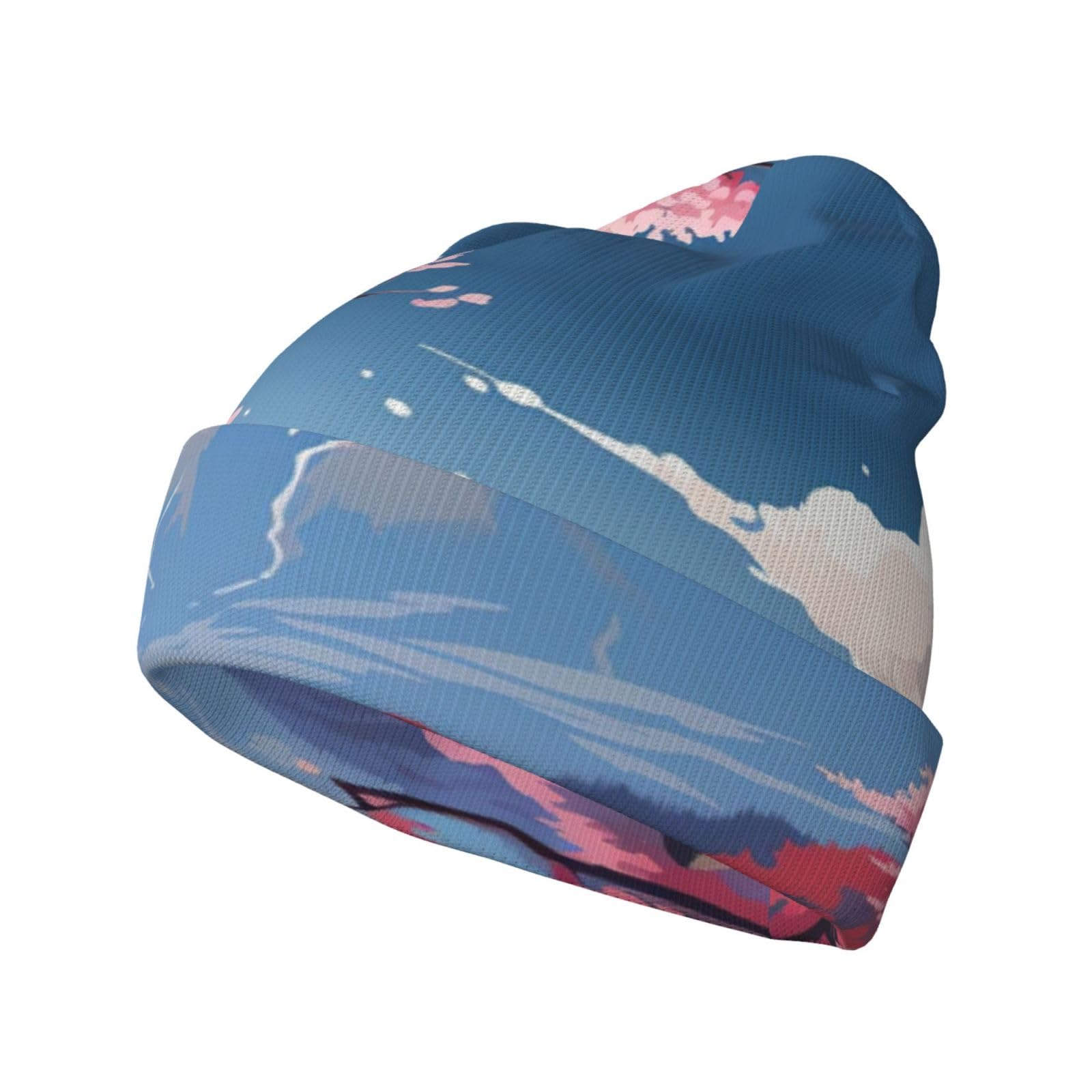 일본 후지산 풍경 프린트 남성용 커프드 비니 모자 두꺼운 니트 겨울 모자 아크릴 따뜻한 스타킹 스컬 캡 블랙 Kr