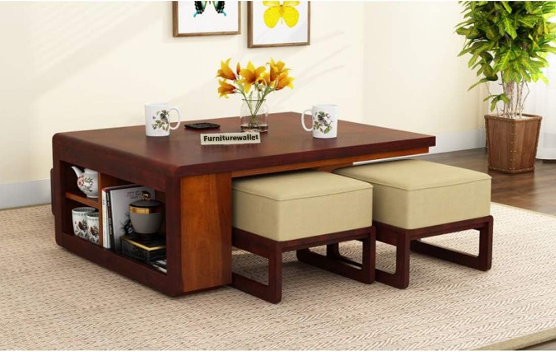 CUSTOM DECOR Solid Sheesham Wood Coffee Table with 4 Stools | Center ...