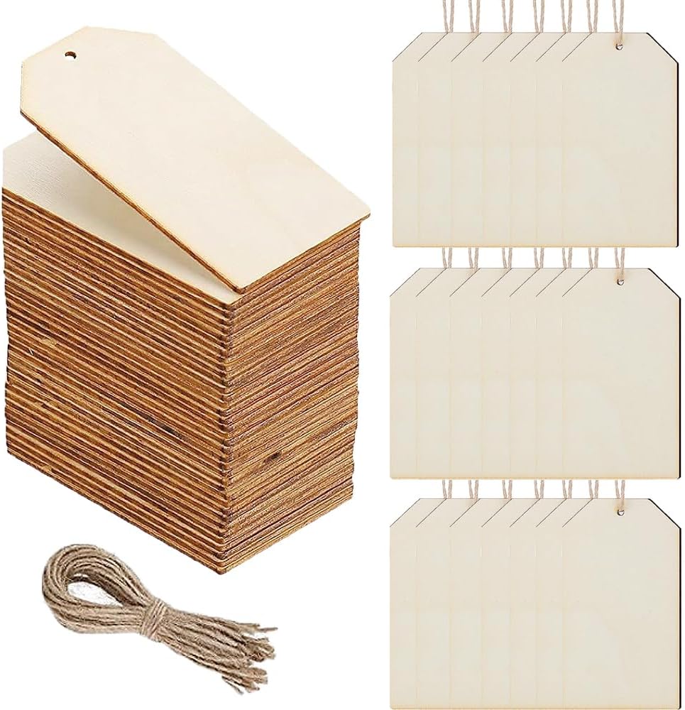 Healifty 50Pcs DIY Square Wooden Tags Hanging Wood Ornaments with 10M ...