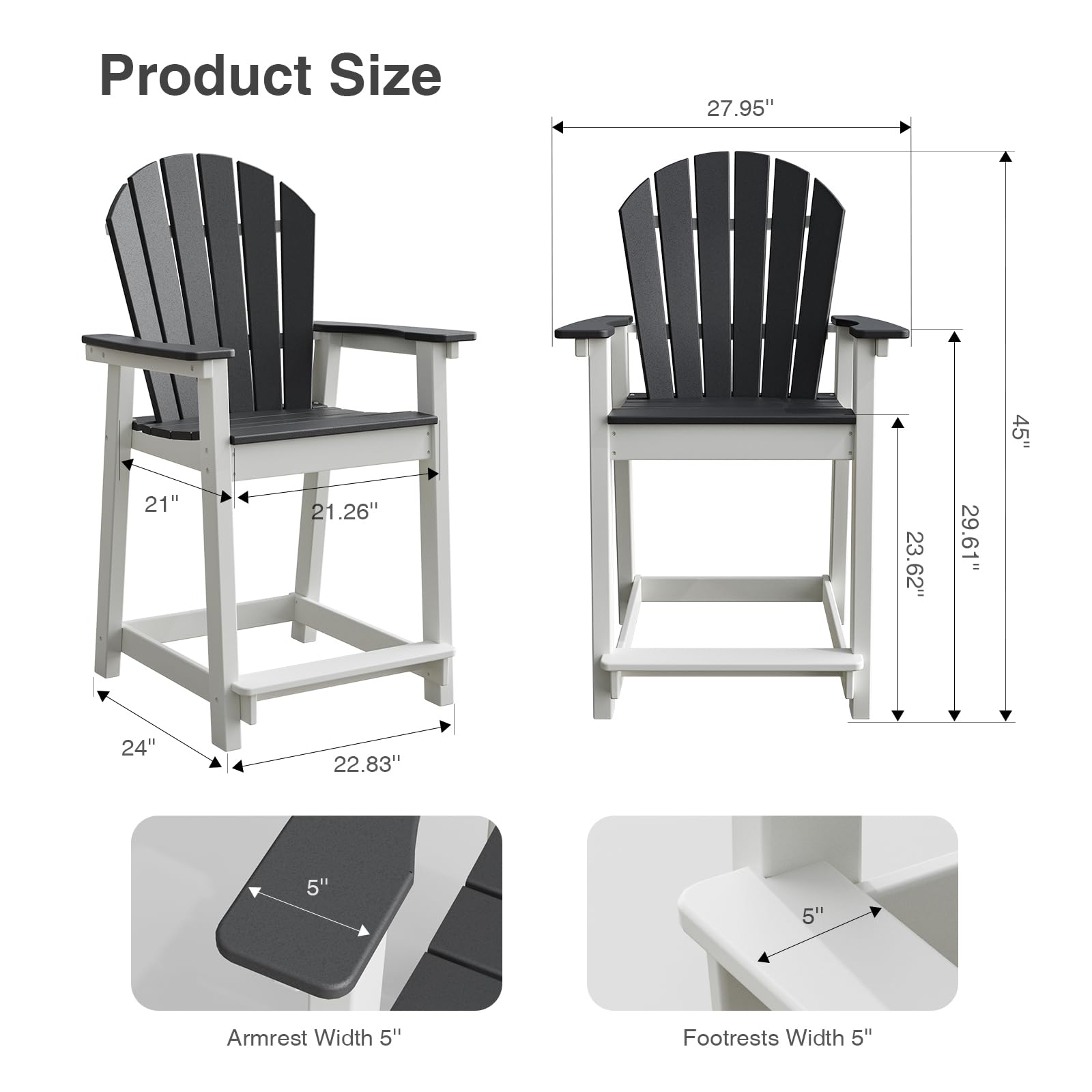 OTSUN Tall Adirondack Chairs Set of 2, Outdoor Balcony Chair, Patio Bar Stool Chair with Widened ...