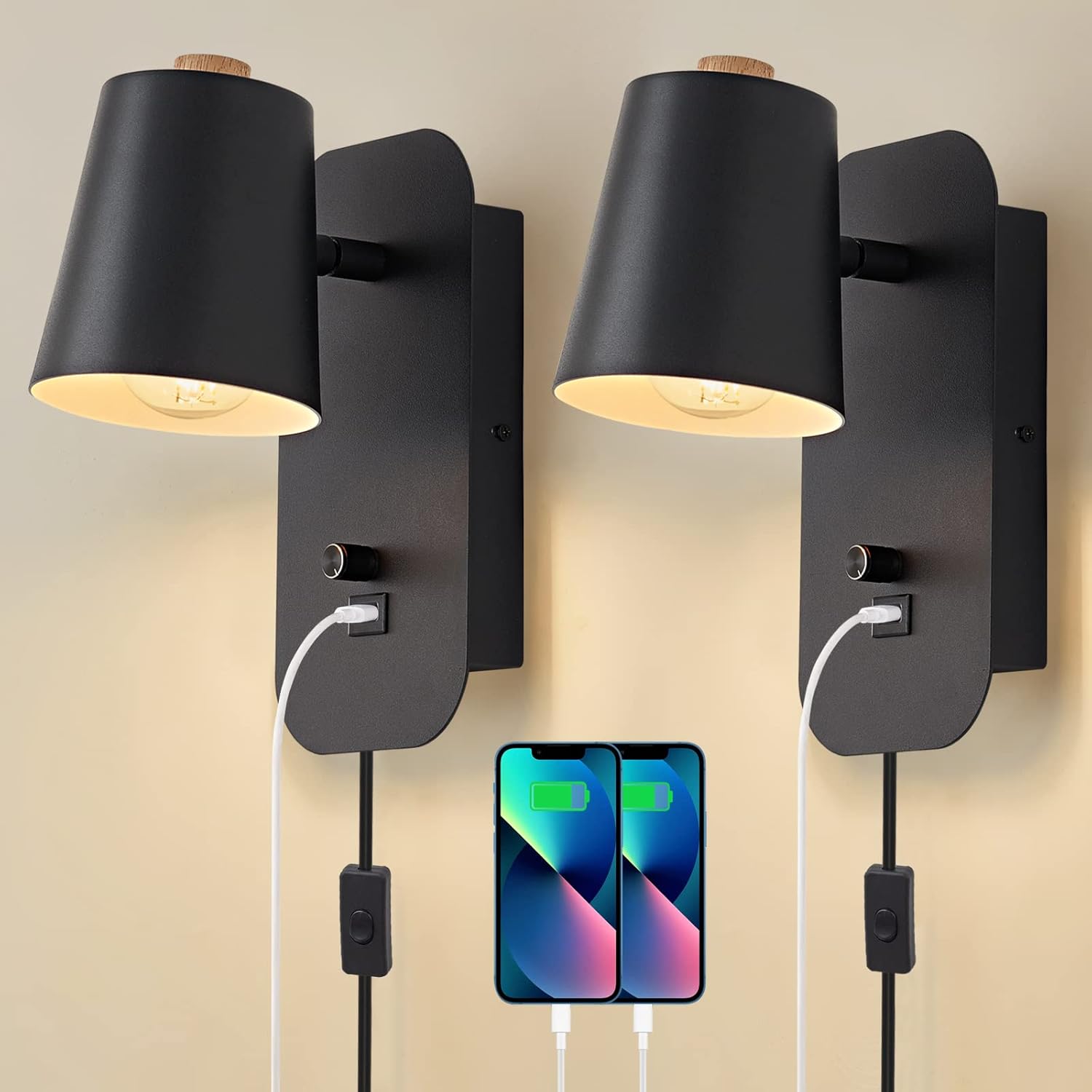 DASTOR Plug in Wall Sconces Set of Two, Adjustable Angle Wall Light ...