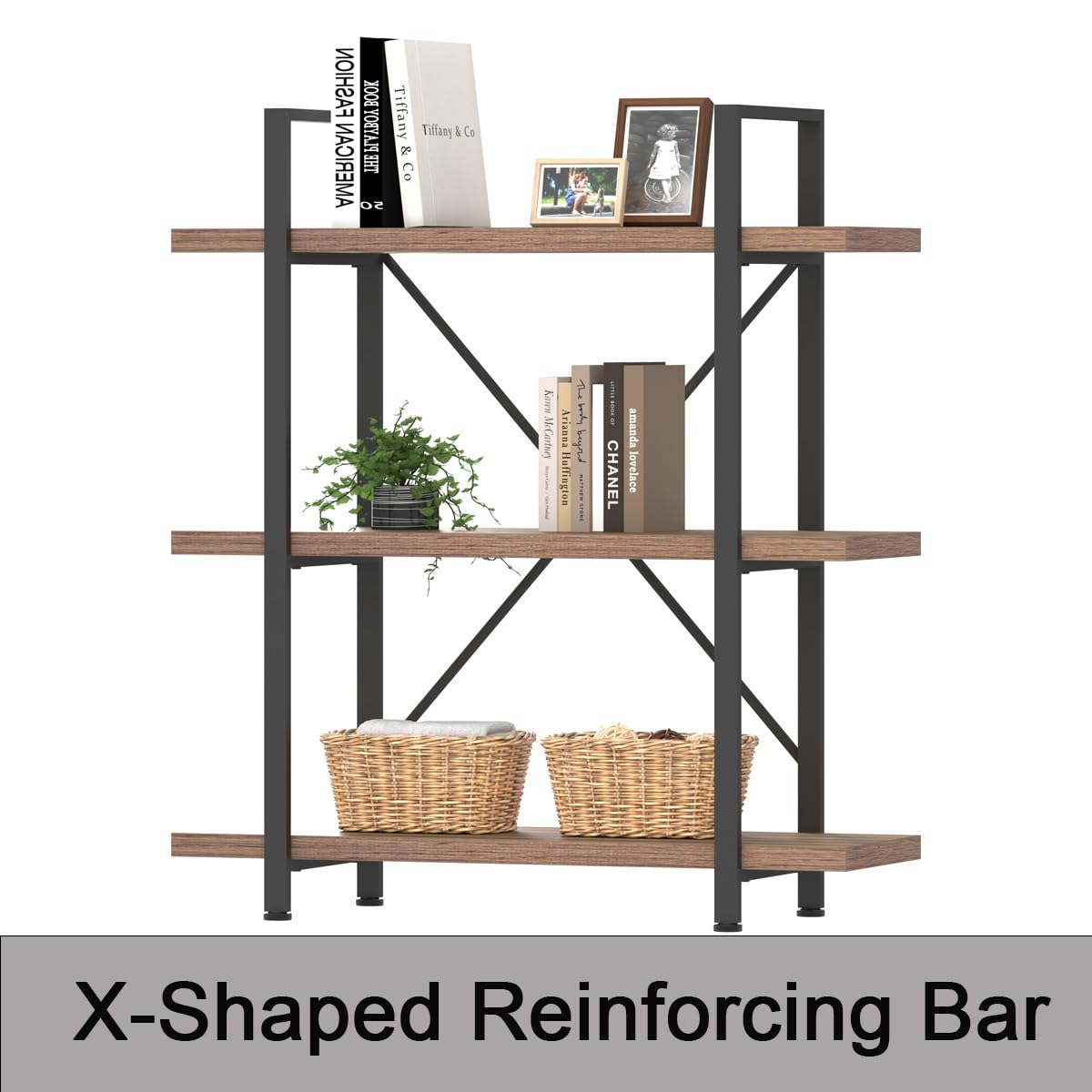 HSH Industrial 3 Tier Book Shelf, Modern Small Wood and Metal 3 Shelf ...