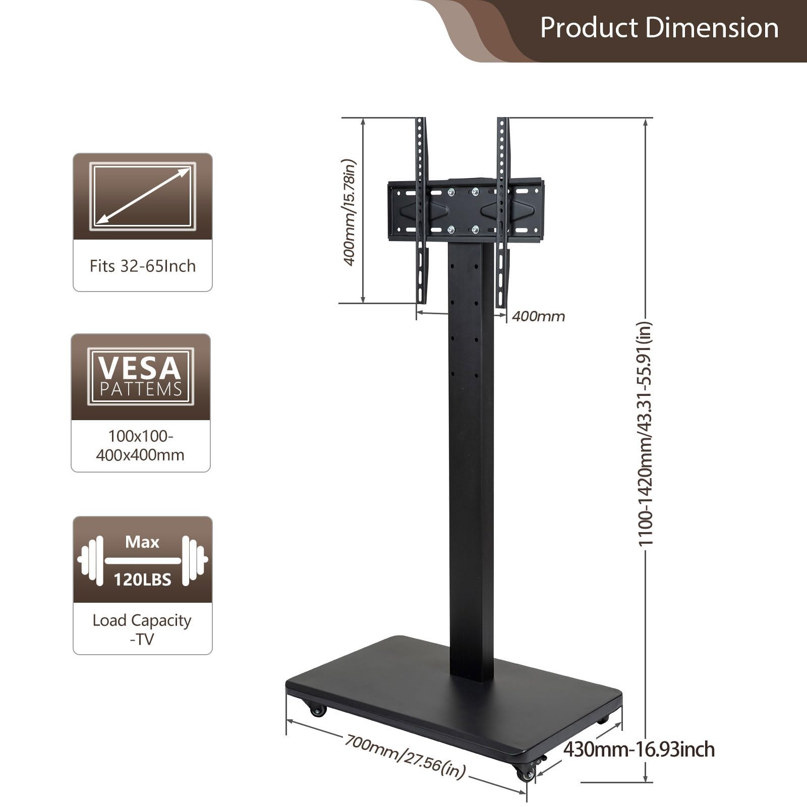 Mobile TV Cart with Wheels,Height Adjustable Rolling TV Stand for 32 to ...