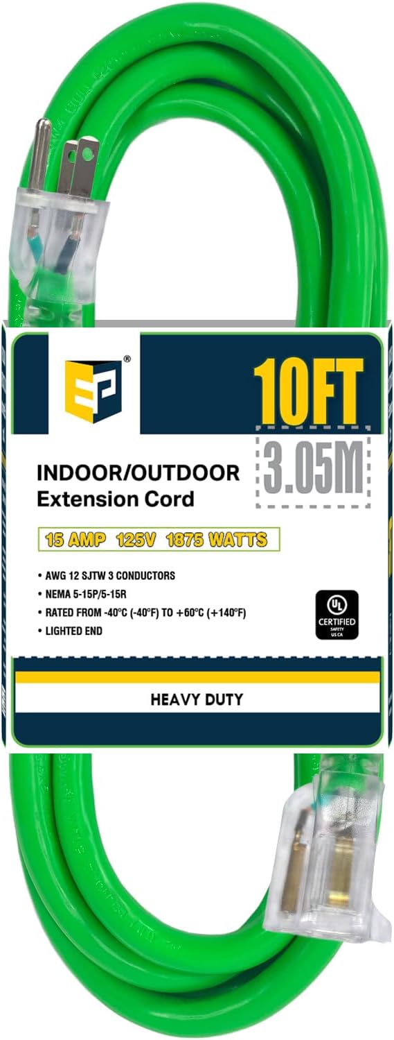EP 10 Ft Lighted Outdoor Extension Cord - 12/3 SJTW Heavy Duty Green ...