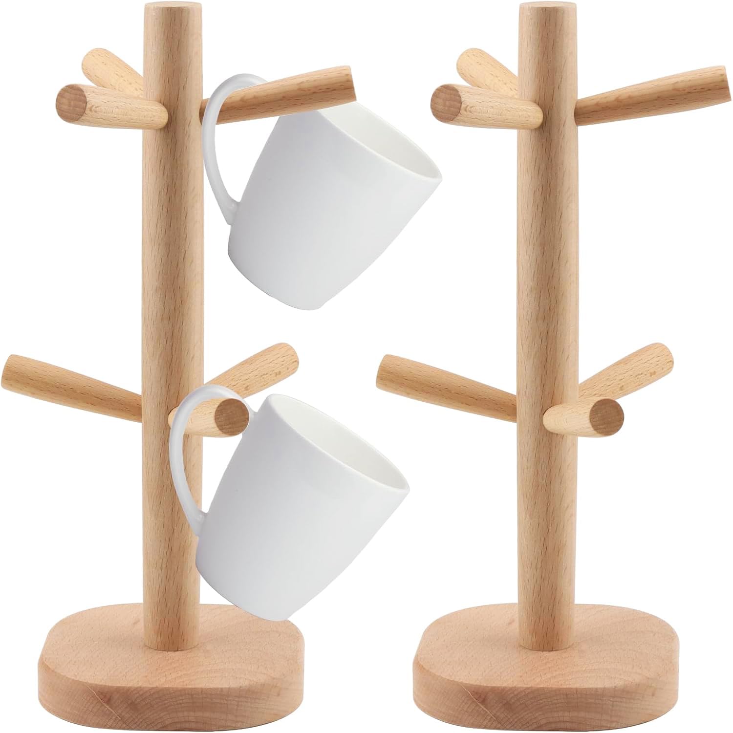 DAKFOOK 2 Pack Wooden Mug Tree Stand, Wood Mug Cup Holders with 6 Cup ...