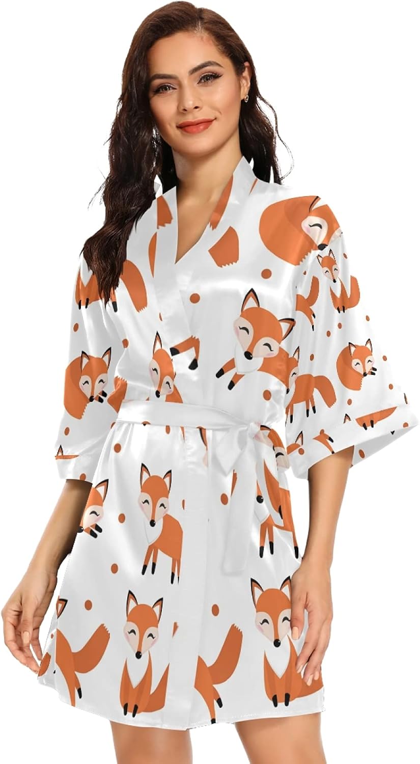 susiyo Cute Cartoon Fox Seamless Foxy Animal Satin Robe for Women ...