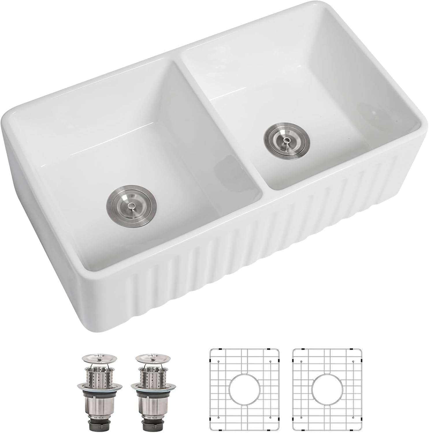 Dcolora Double Bowl Farmhouse Kitchen Sink Reversible Front Apron White ...