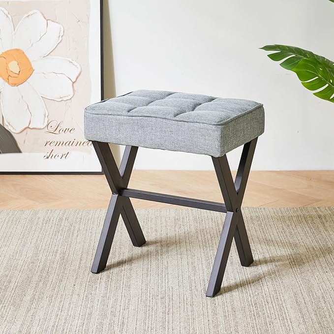 INIRO Makeup Stool with X-Leg: Stylish Linen Footrest Ottoman ...