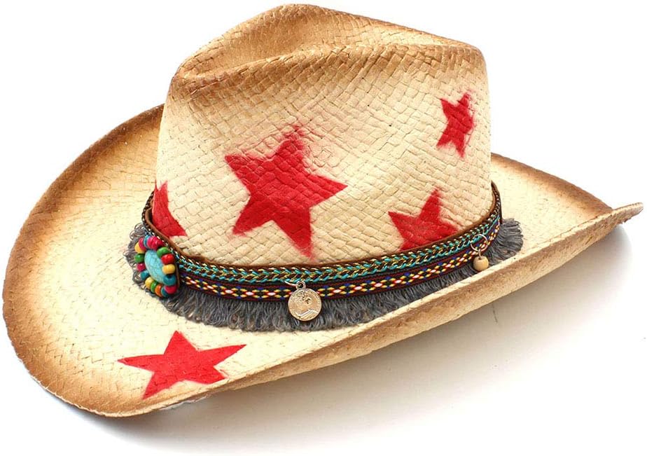 Amazon.co.jp: HHF Hats & Caps ハンドメイド 編み込み 麦わらウェスタン カウボーイハット タッセルリボン付き ...