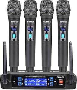BOMGE Wireless Microphone System, Pro 4-Channel Cordless Mic Set with Four Handheld Mics, Fixed ...