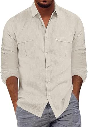 Men Casual Long Sleeve Linen Button Down Shirt Lapel Collar Dual Chest ...