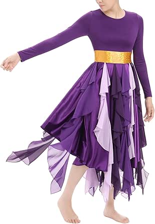 Amazon.com: AFAVOM Women Gold Metallic Praise Dance Dress Asymmetric Ruffle Overlay Dress ...