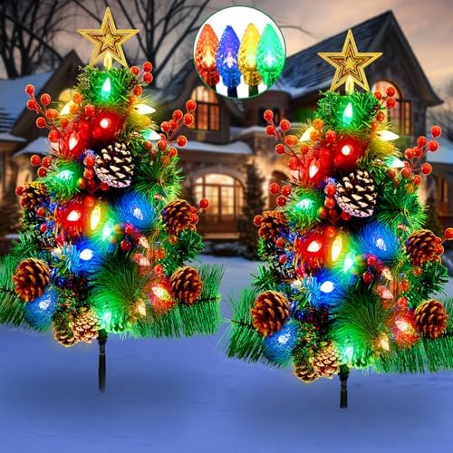 Amazon.com: Small Outdoor Christmas Tree for Porch - Set of 2 Prelit ...