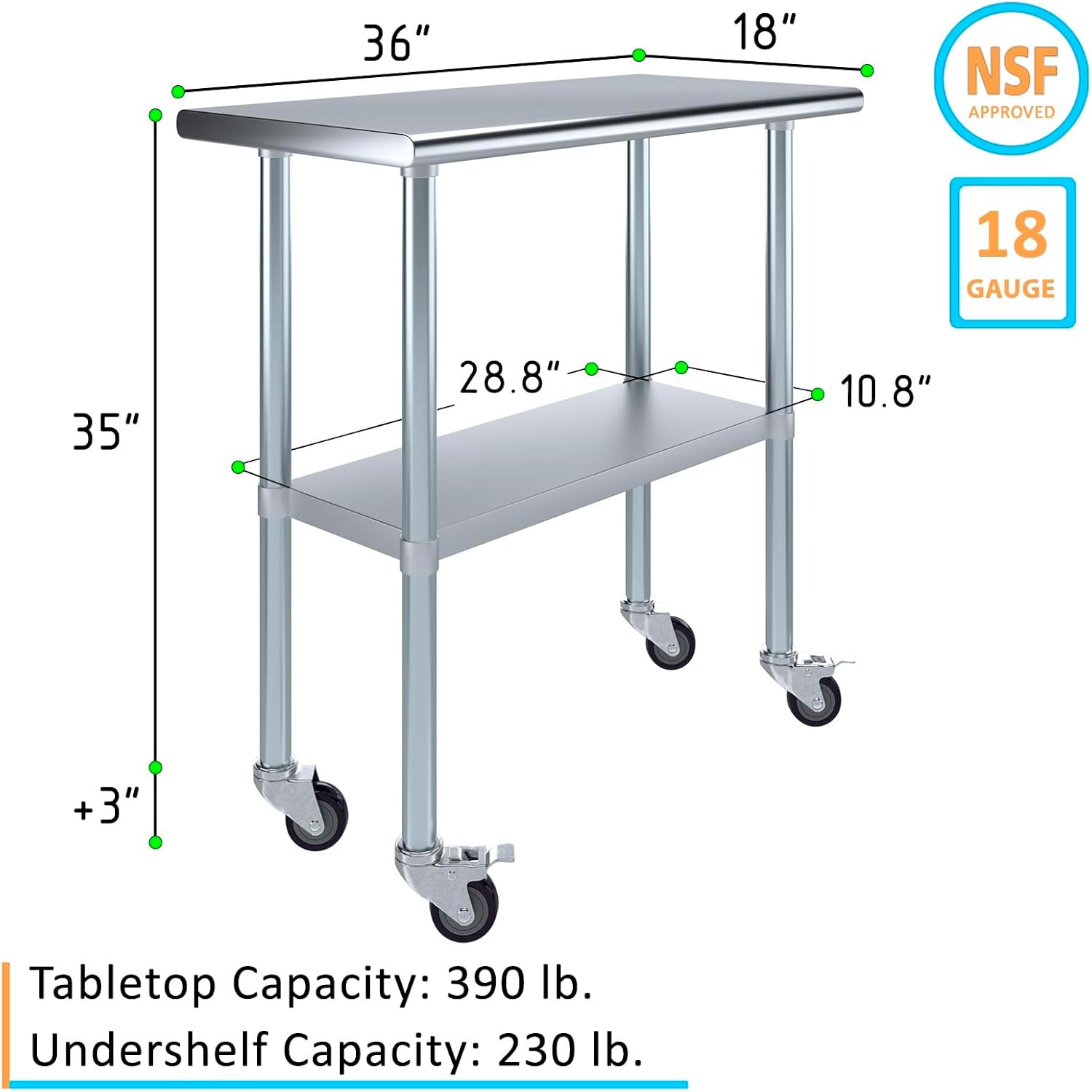 Mesa de trabajo comercial de acero inoxidable con estante inferior y ruedas (18×36) – Guatemala