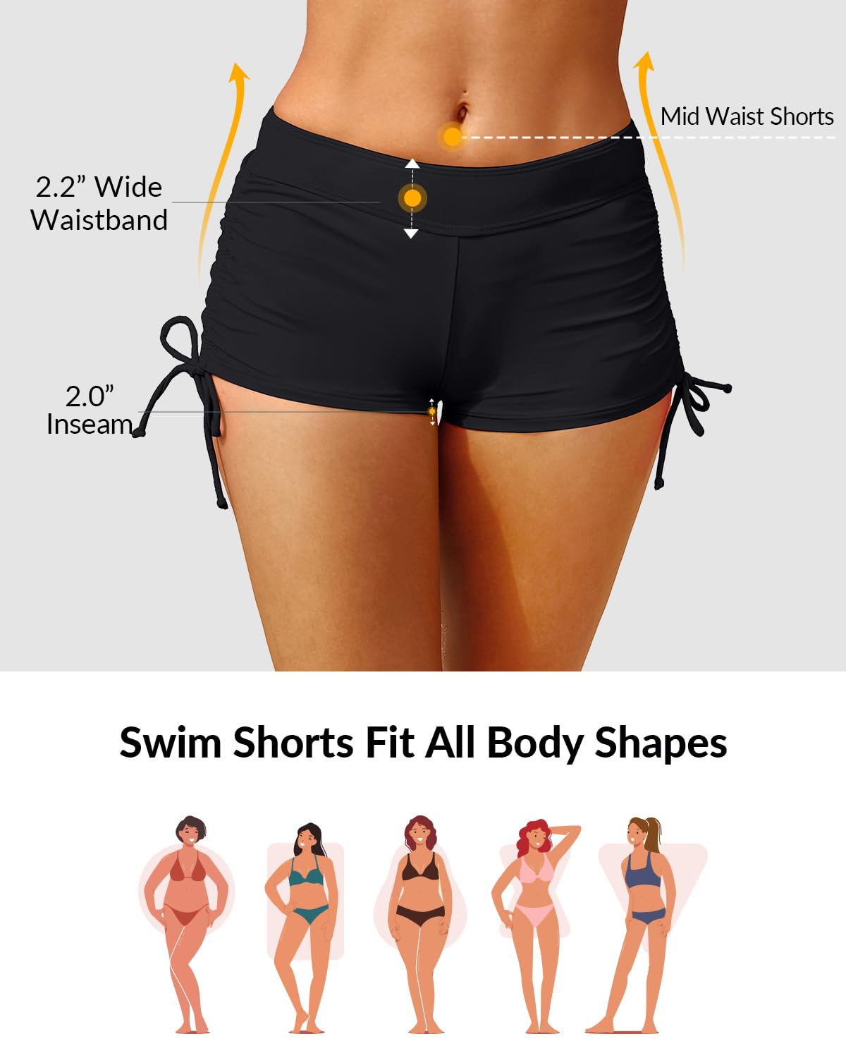 Snapklik.com : Solid Black Women Swim Shorts Tummy Control Swim Bottoms ...