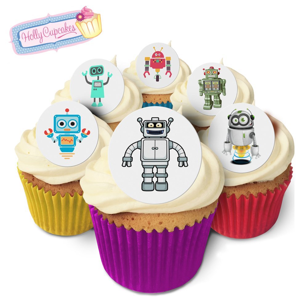 Holly Cupcakes 24 Edible Wafer Cake Toppers - Robots, UK Made, Sugar ...
