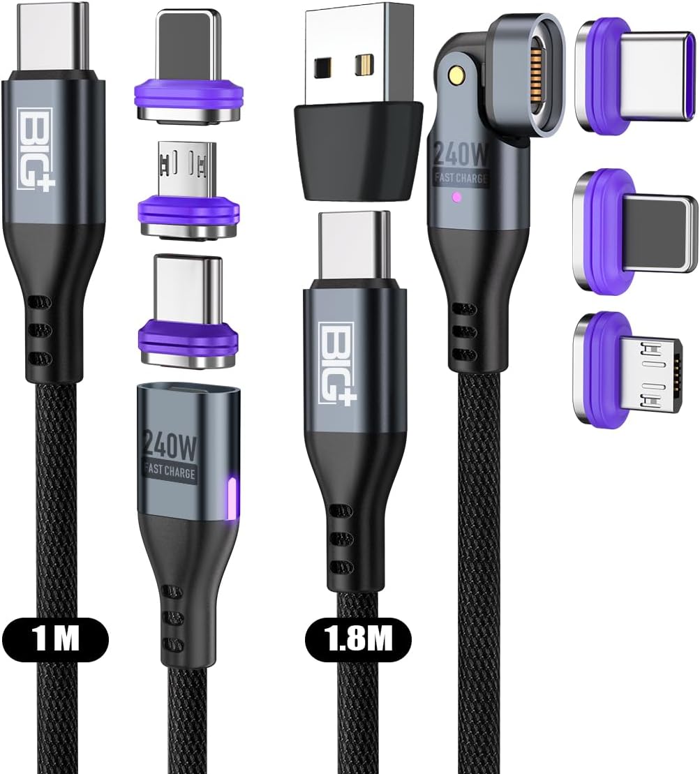 BIG+ 240W Magnetic Charging Cable 2 Pack - 1.8M/1M 180 Rotating USB C ...