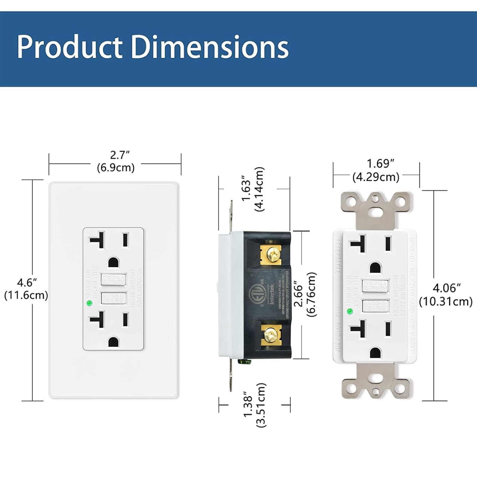 Gfci Receptacle Dimensions BAOMAIN GFCI Outlet Receptacle, 15Amp