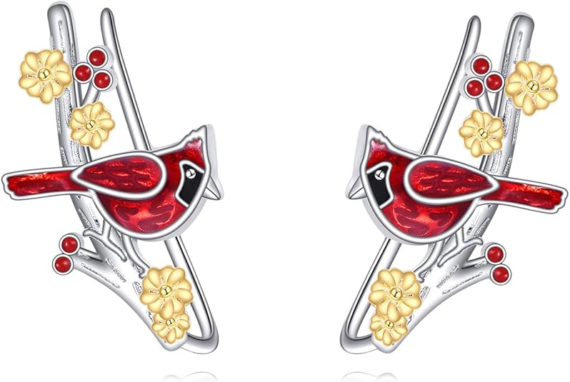 Amazon.com: AXOMY Red Cardinal Ear Crawler Cuff Earrings 925 Sterling ...