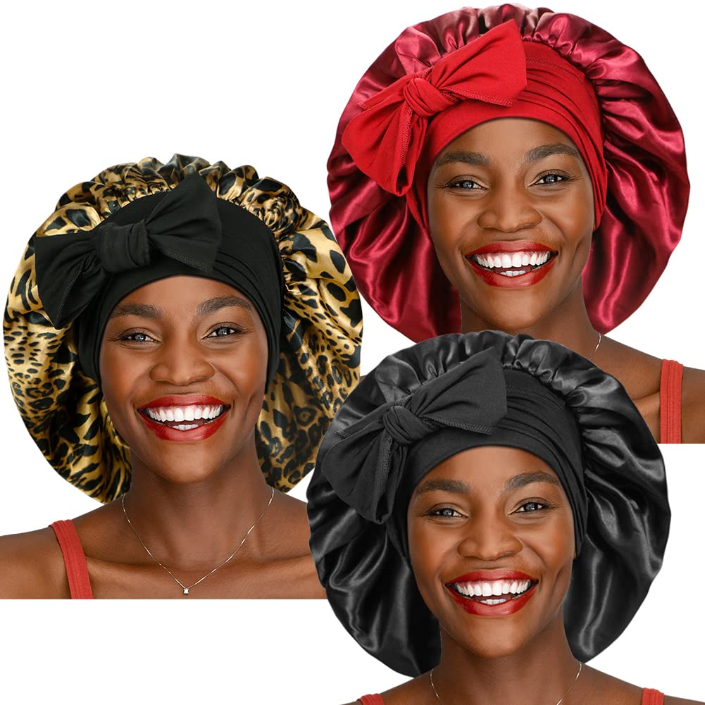 Amazon.com: 3 Pieces Adjustable Silky Hair Bonnet with Wide Elastic Tie ...