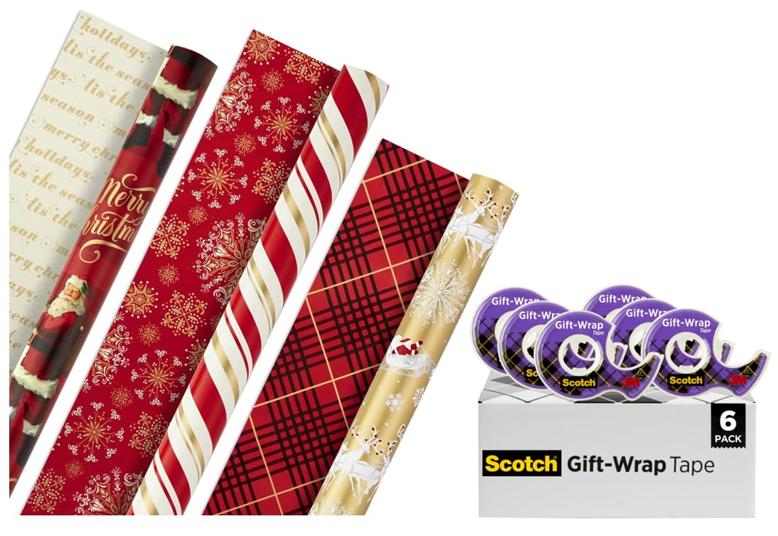 Amazon.com: Hallmark Christmas Wrapping Paper Rolls and Scotch Gift ...