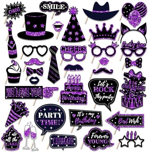 Amazon.com: CC HOME 36Pcs Purple Happy Birthday Photo Booth Props ...