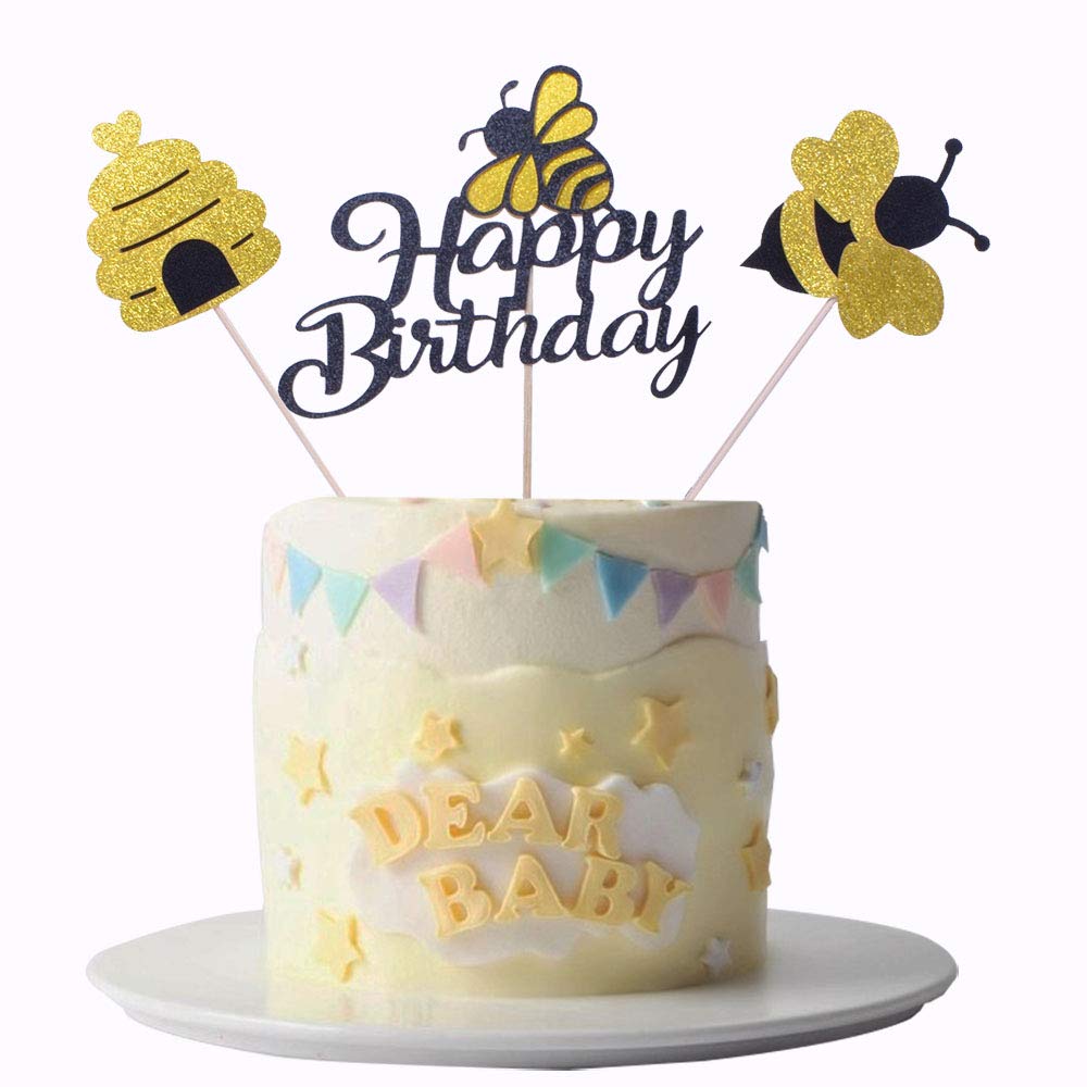 Buy SHAMI Happy birthday Bee Gold Glitter Cake Topper Bumble Bee ...