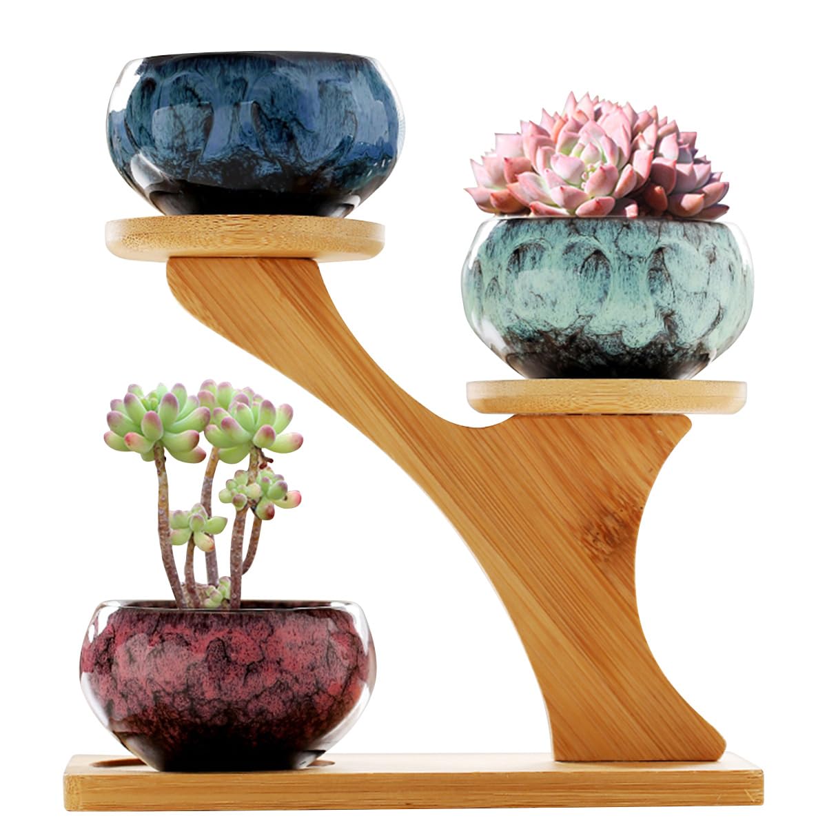 Amazon.com: jessie 3pcs Ceramics Succulent Pots with 3 Tier Bamboo ...