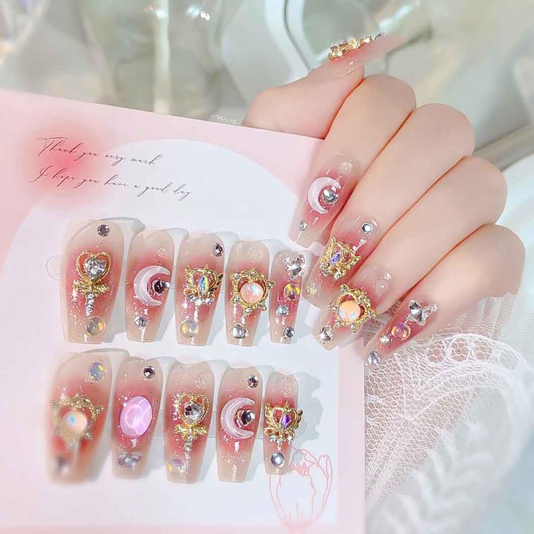Amazon.com: RikView Long Press on Nails Pink Fake Nails with 3D Design ...