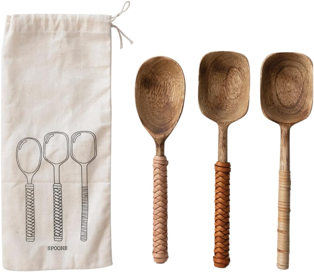 Amazon.com: Creative Co-Op Mango Wood Spoons with Bamboo and Leather ...