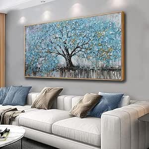 Amazon.com: Large Wall Art Teal Blue Abstract Tree Of Life Framed Modern Artwork Canvas Painting ...