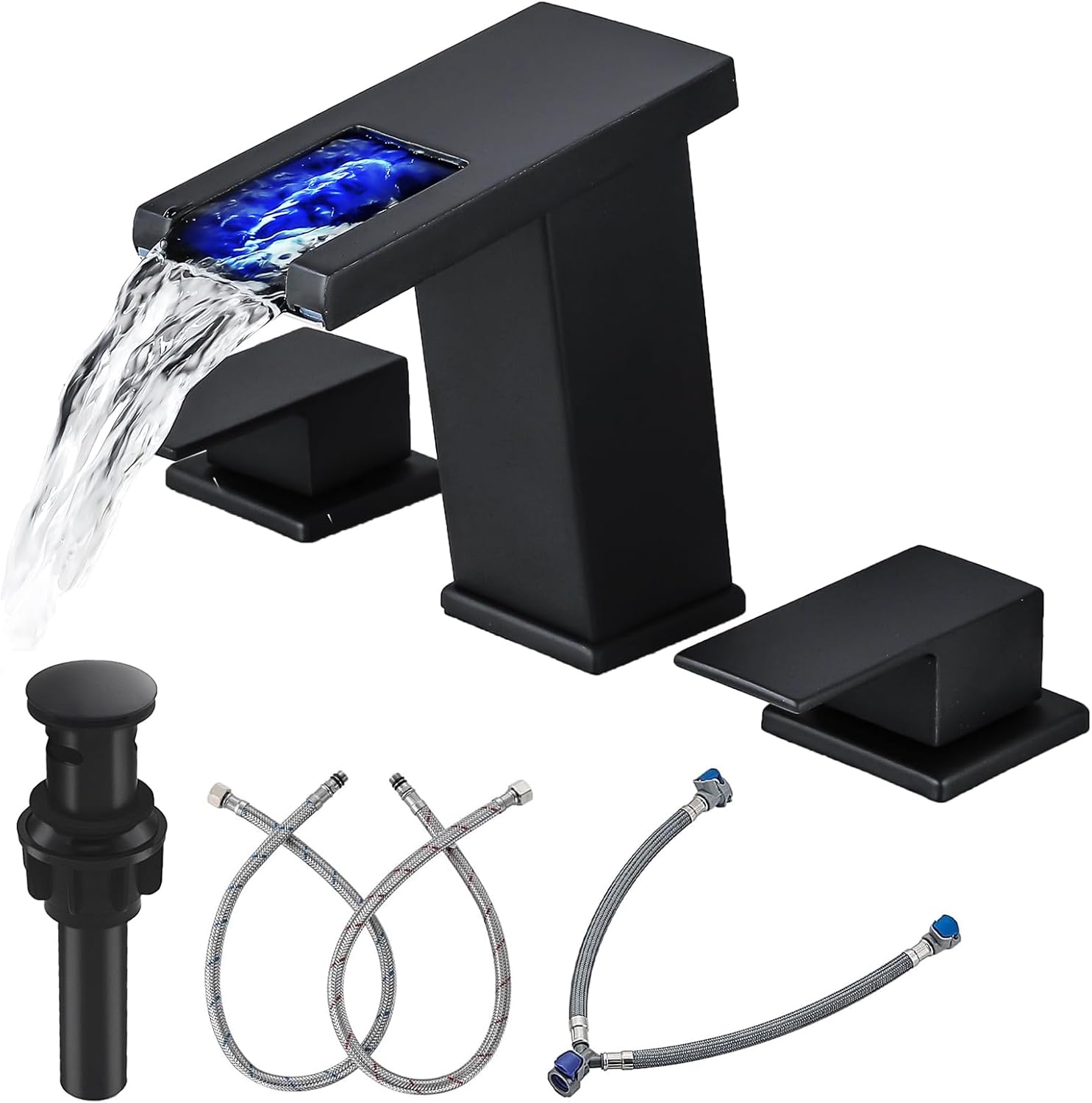 RUITHOE LED Bathroom Faucet 3 Hole, Matte Black Waterfall Bathroom ...